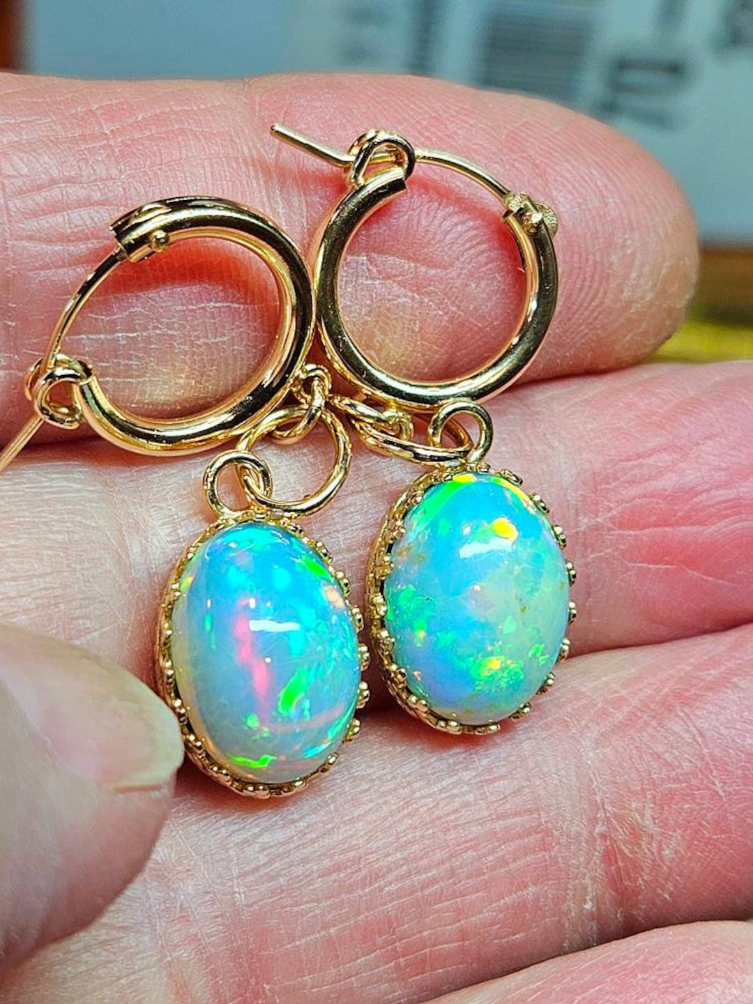 Natural Opal, Blue Opal Earrings, Gold Earrings, 14k Solid Gold ...