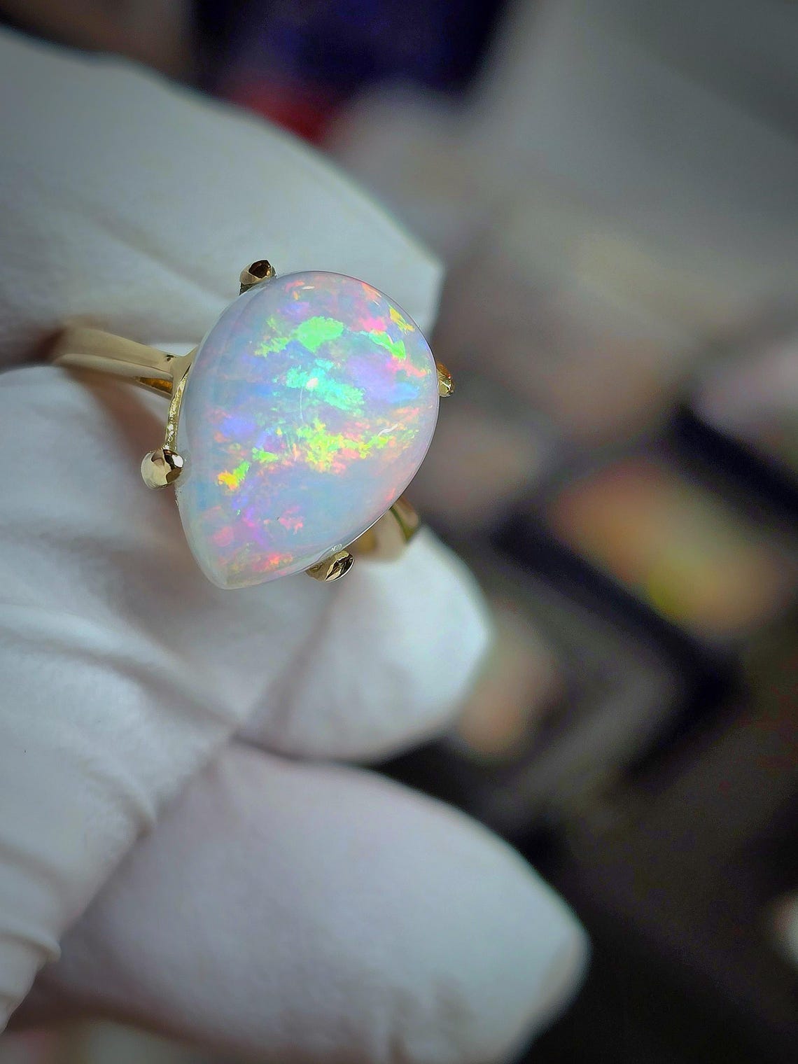 14k Solid Gold Opal Ring: Large Oval White Fire Opal - Etsy