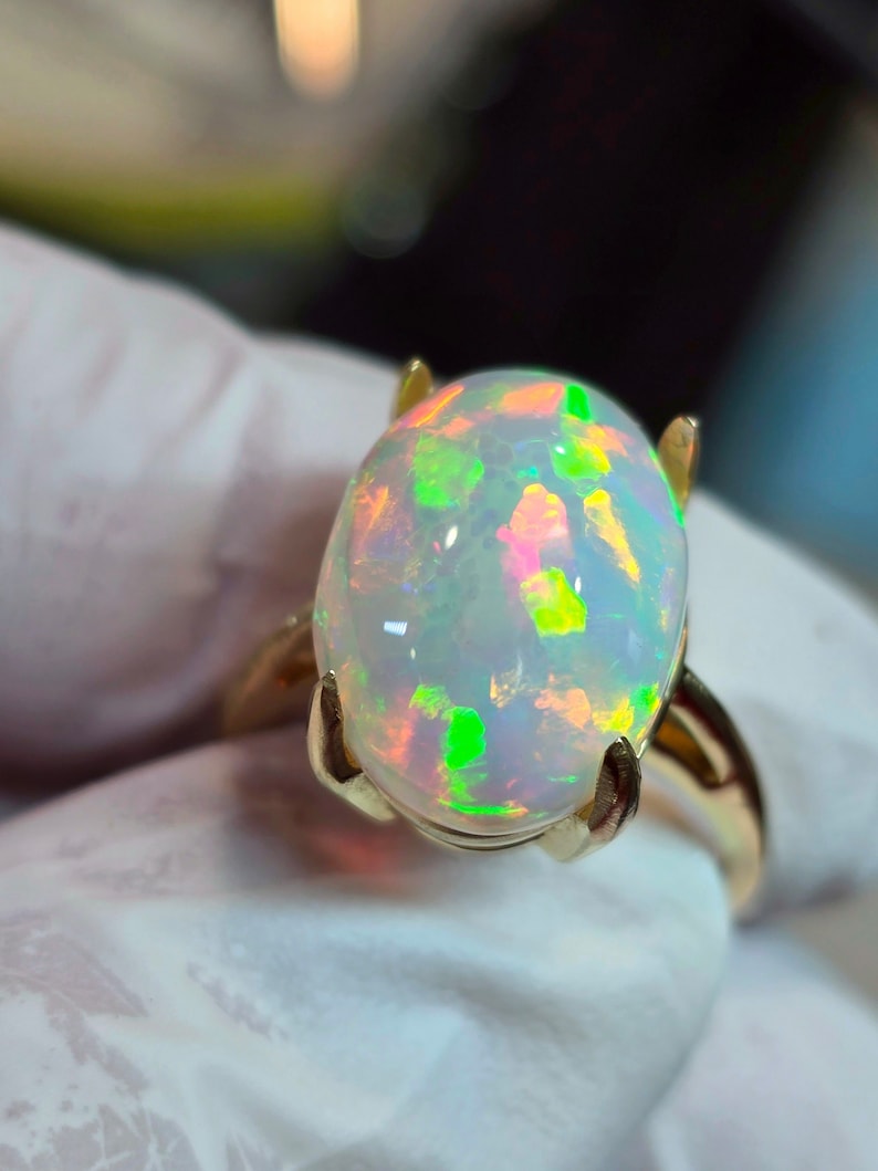 14k Gold Opal Ring: Large Oval White Fire Opal Jewelry - Etsy