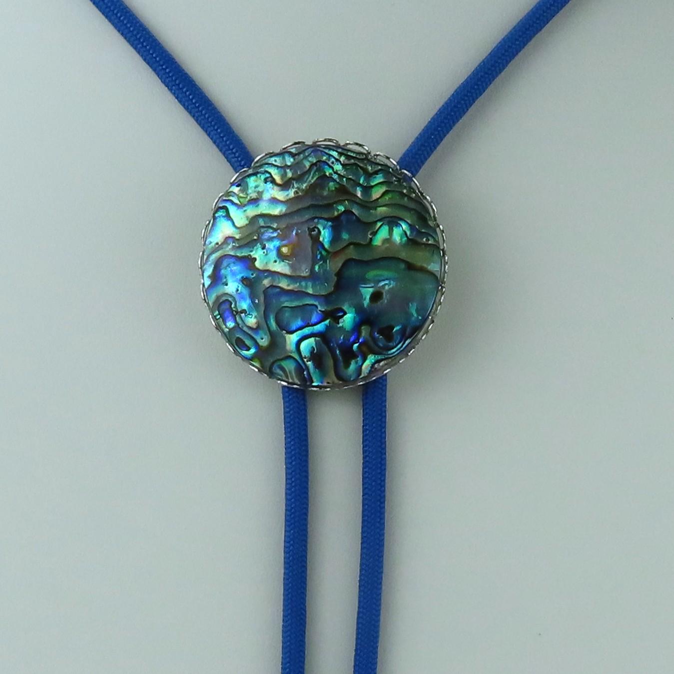 Abalone Bolo Tie With Round Lacy Slider, Intense Blue and Silver Colors ...
