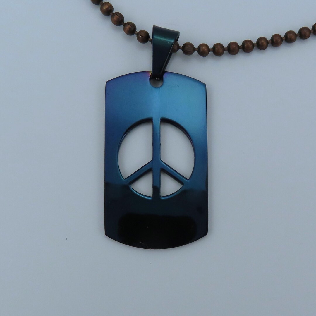 Deep Blue Peace Sign, Cut-out Peace Sign Dog Tag on Copper Ball Chain ...