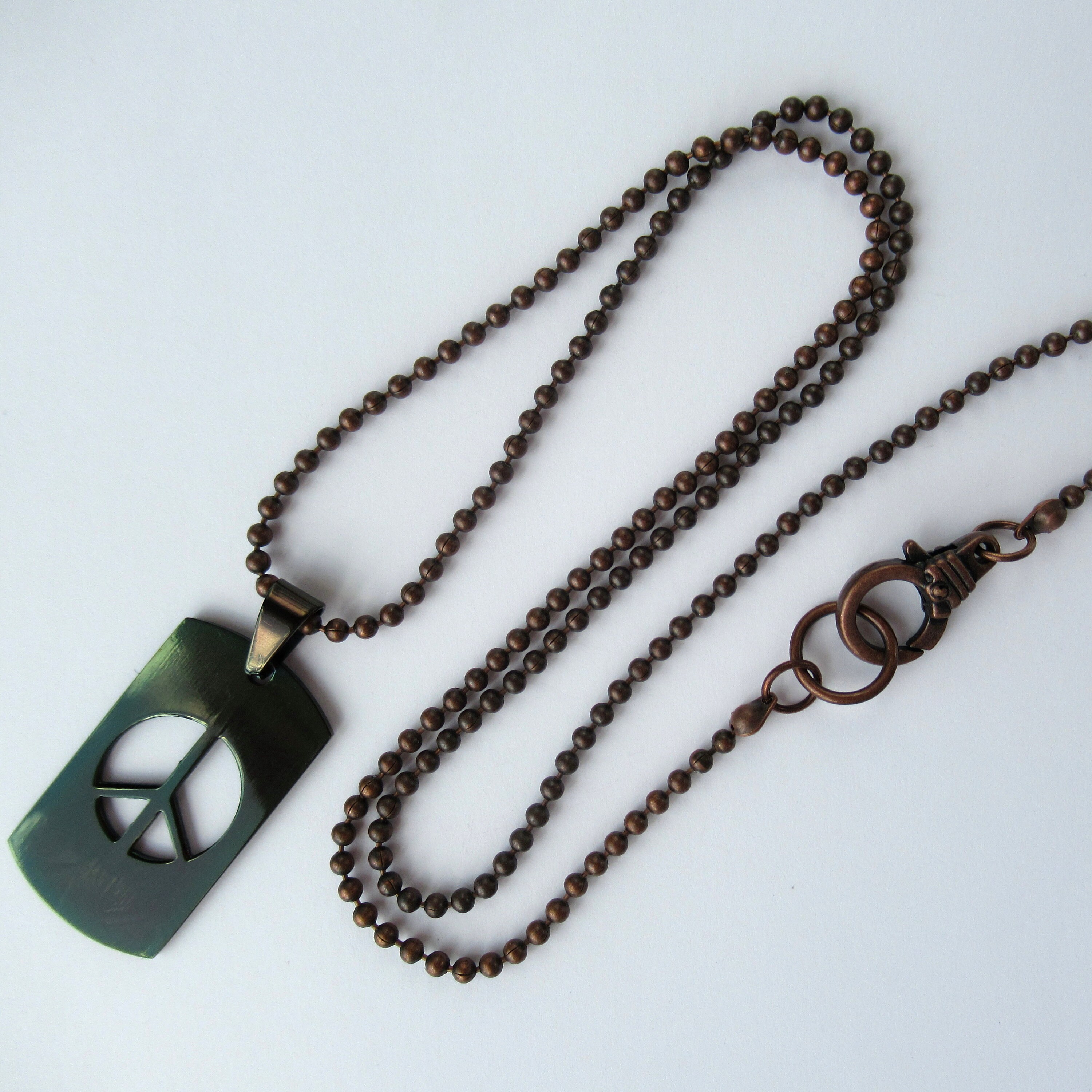 Deep Green Peace Sign, Cut-out Peace Sign Dog Tag on Copper Ball Chain ...