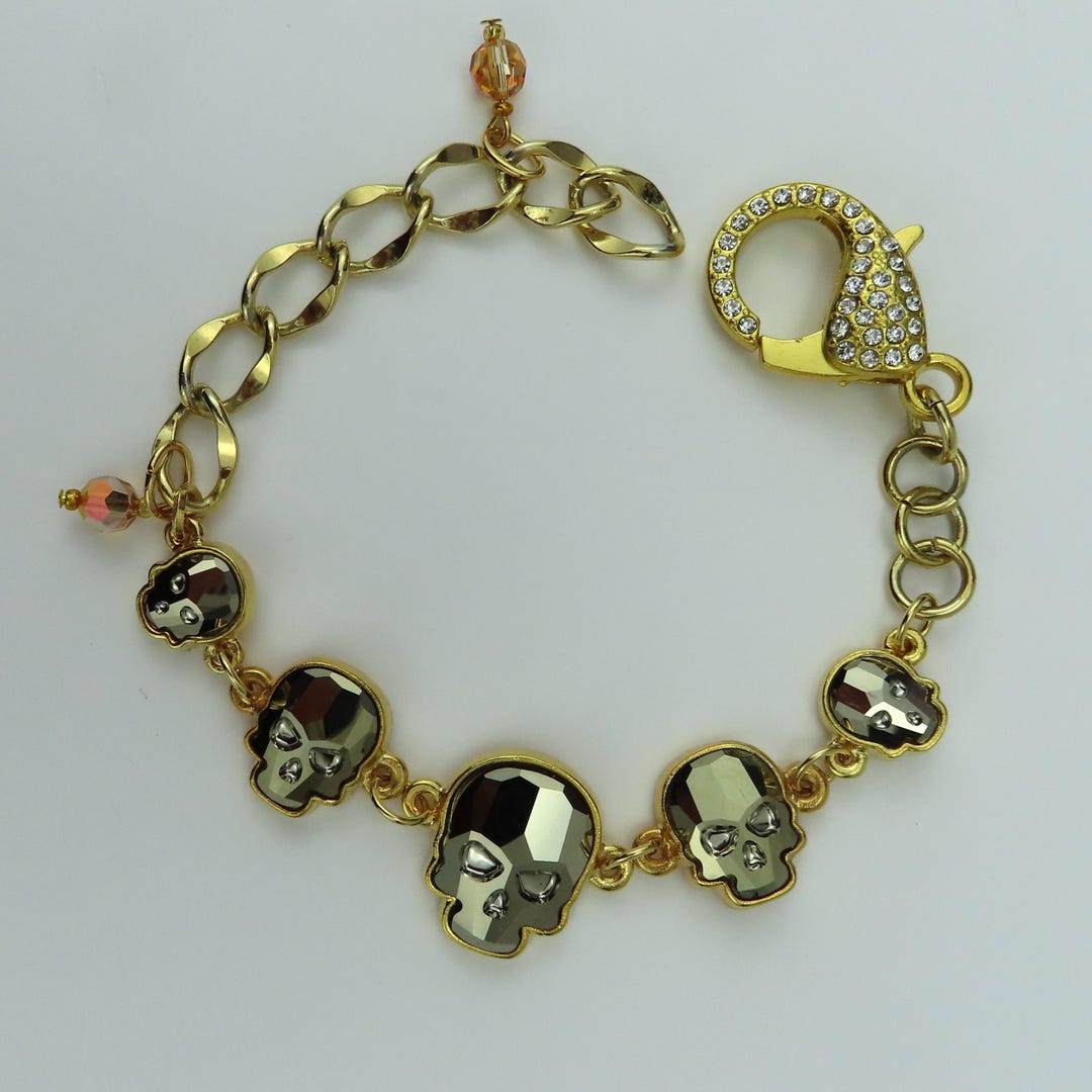 Jet Black Crystal Skull Bracelet, Swarovski Skulls, Gold Chain for ...