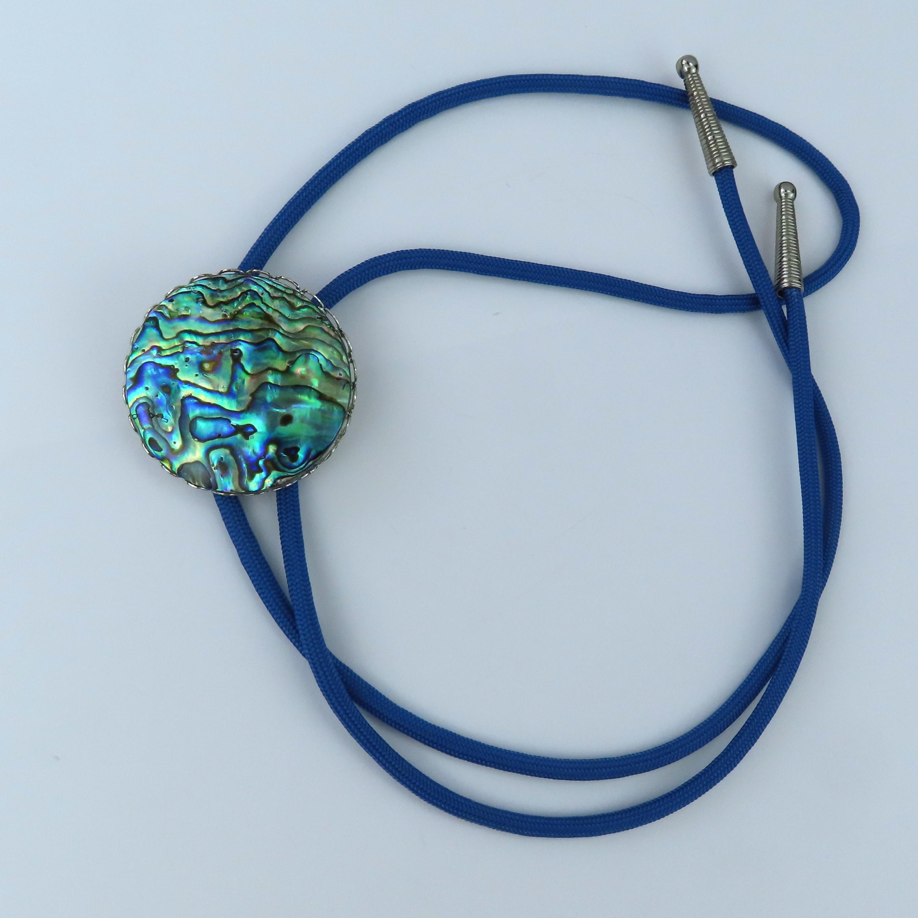 Abalone Bolo Tie With Round Lacy Slider, Intense Blue and Silver Colors ...