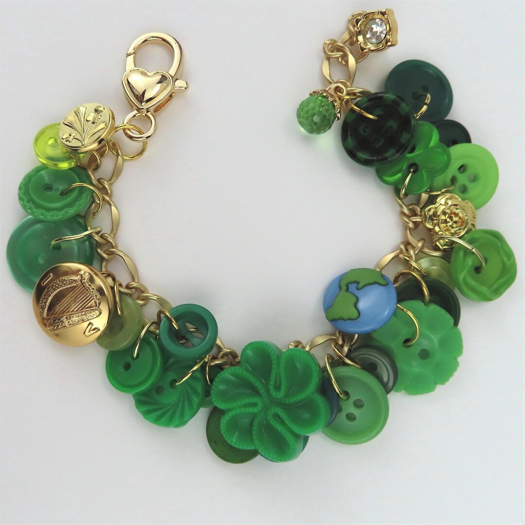 Charm Bracelet of Vintage Buttons in Green With Celtic Harp Button ...