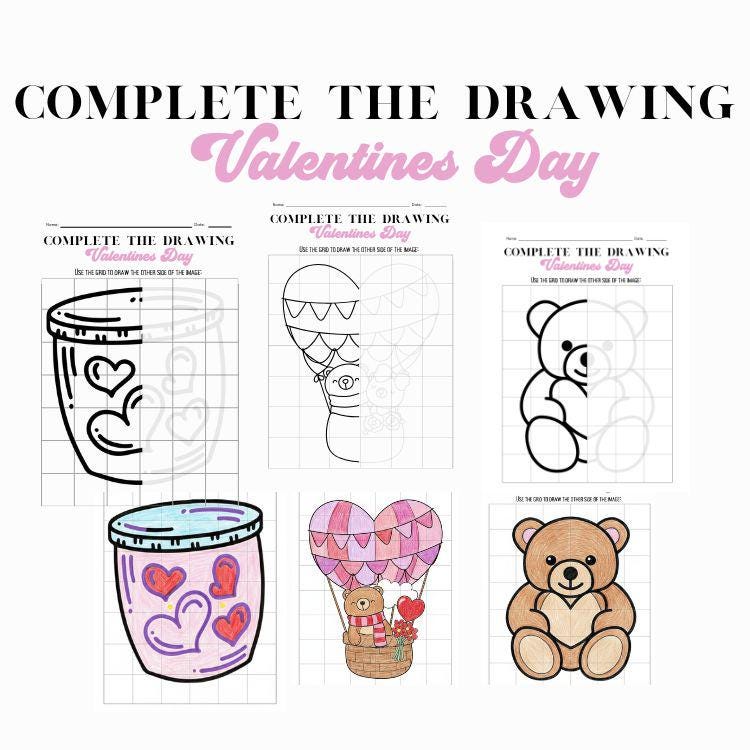 Valentines Day Coloring Activity Complete the Drawing Symmetry Drawing ...