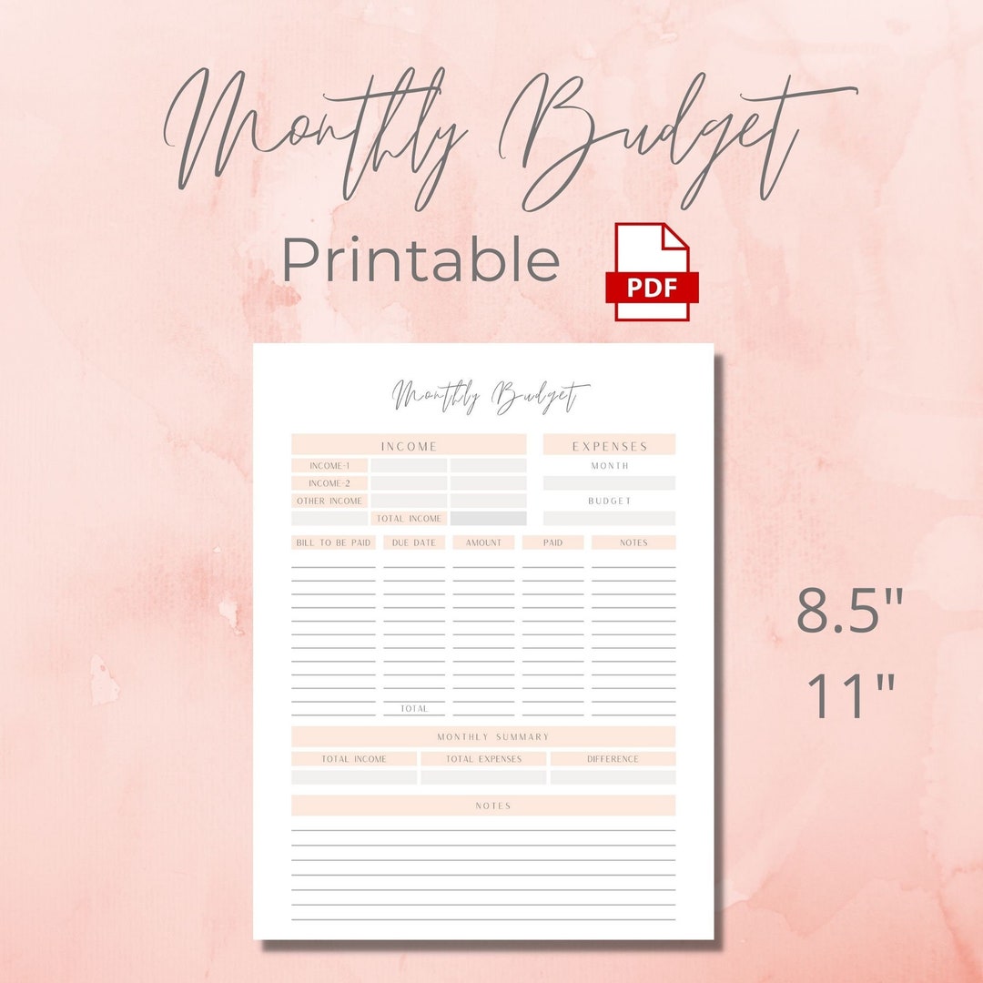 Printable Monthly Budget Planner, Finance Tracker (PDF) - Etsy
