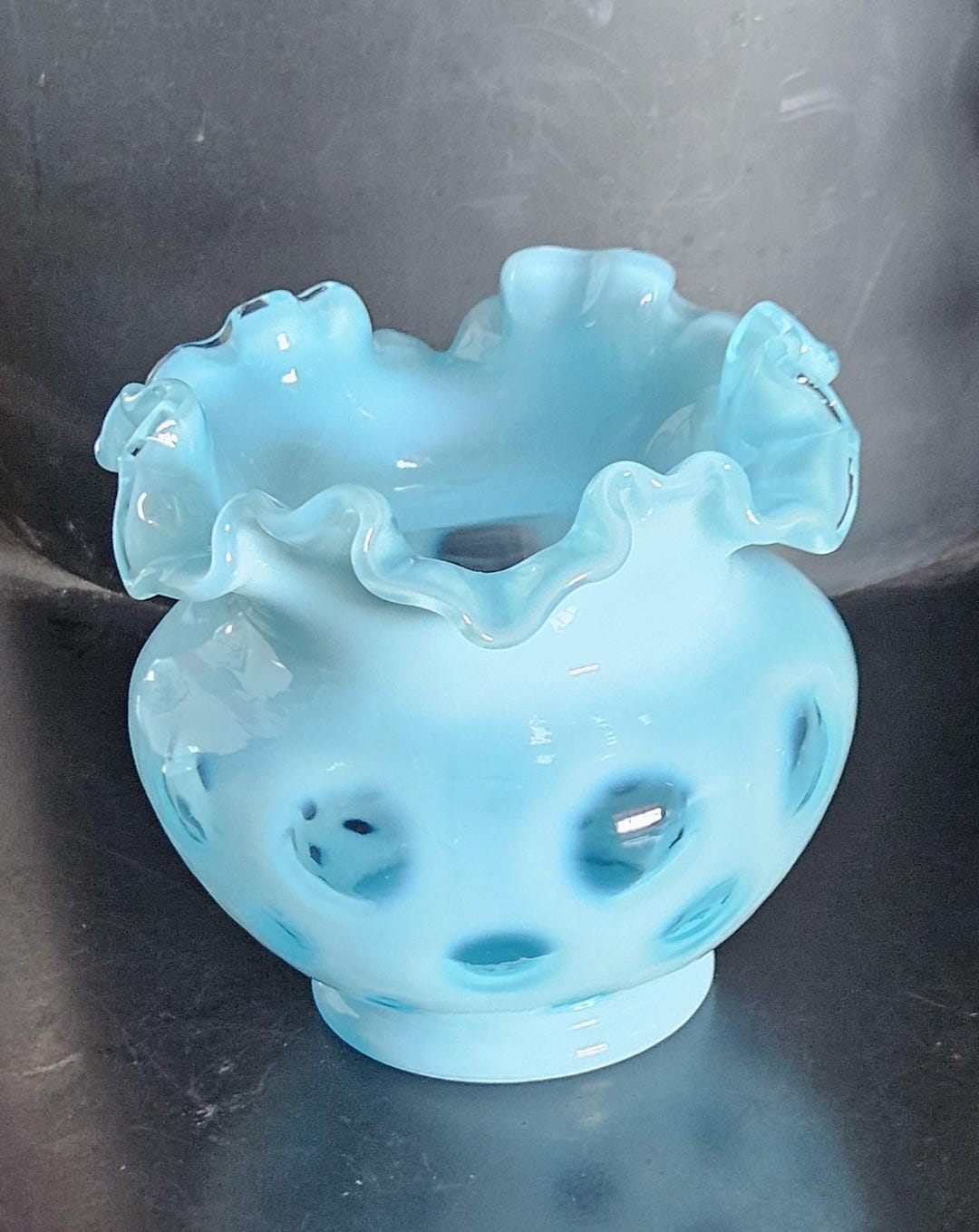 Vintage Fenton Blue Coin Dot Opalescent Rose Bowl Small Vase, Ruffled ...