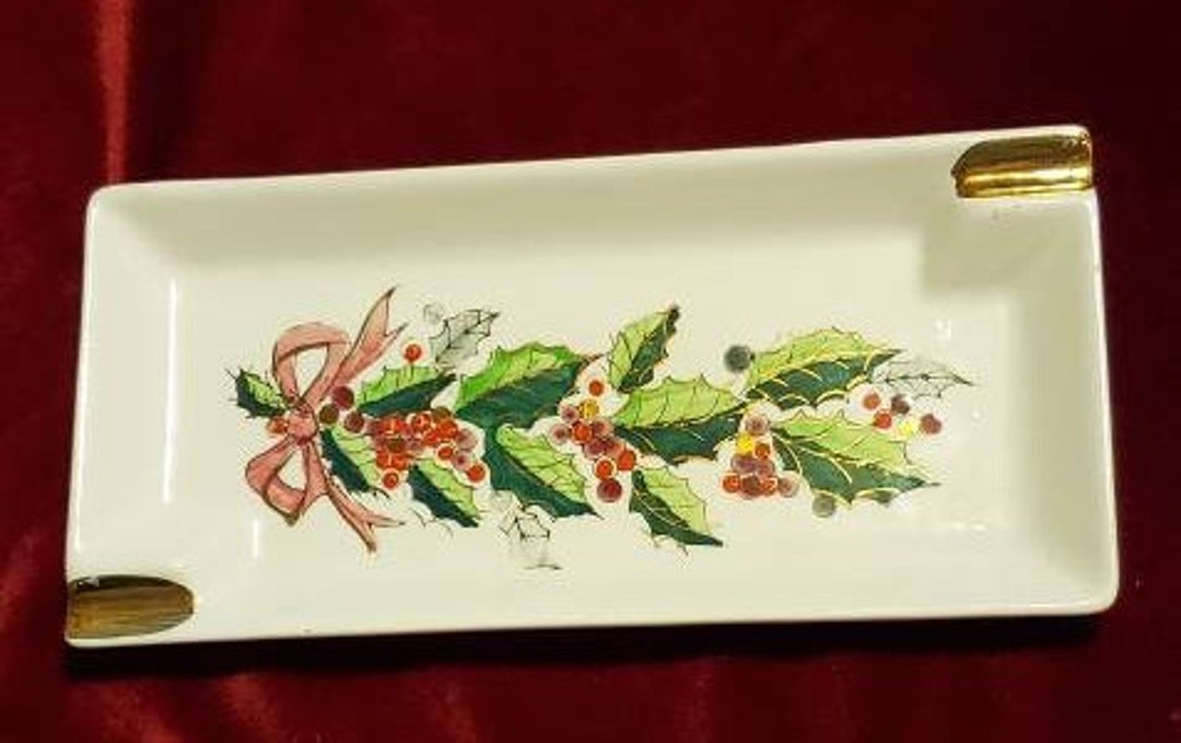 1950s Vintage Lefton Christmas Ashtray, Hand Painted Holly, Berries and ...