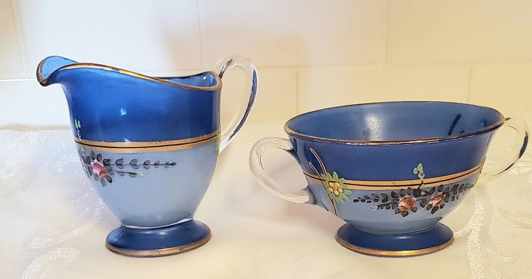 Blue Antique Unique Hand Painted Glass Cream & Sugar With Applied ...