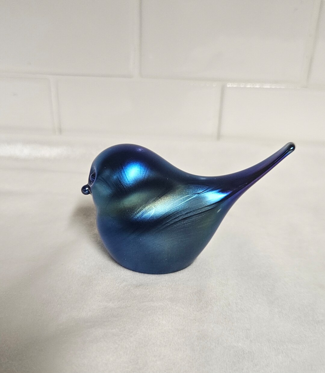 Orient & Flume Art Glass Irridescent Blue Bird, Signed With Label ...