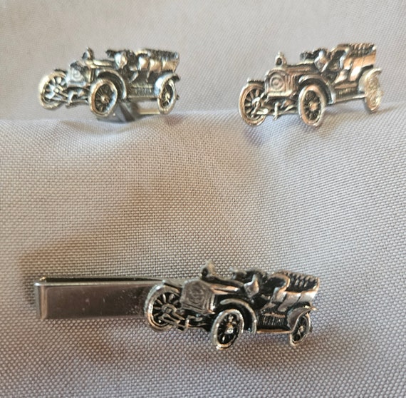 Antique Model T Cufflinks and Tie Bar, Silver Tone, U… - Gem