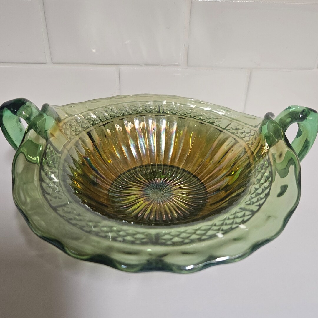 Northwood Lustre Flute Green Carnival Bon Bon With Handles, Hostess ...