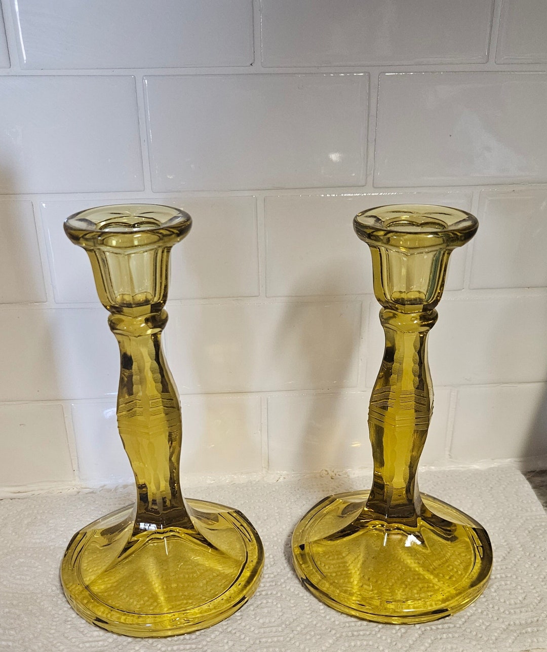 Pair of Amber Wheel Etched Antique Candlesticks Candle Holders ...