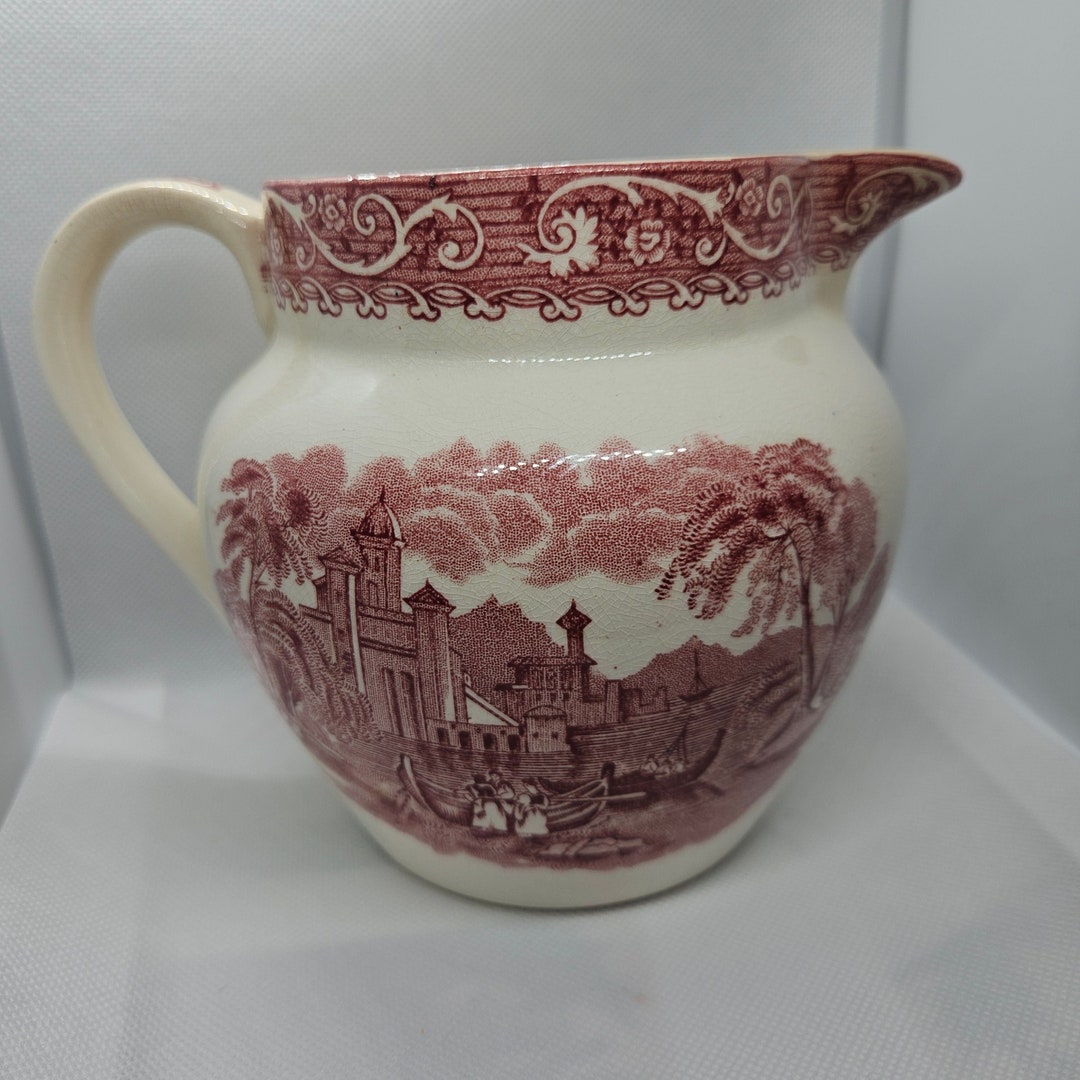 British Anchor Pottery Red Transferware Quart Pitcher, Thames ...