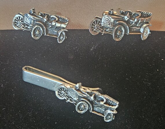 Antique Model T Cufflinks and Tie Bar, Silver Tone, U… - Gem