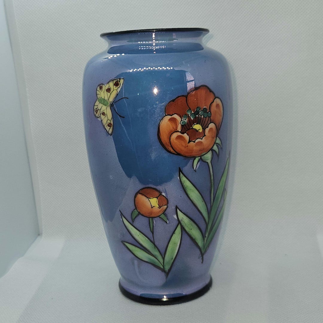 Blue Lustreware 6" Vase With Orange Flowers and a Yellow Butterfly ...