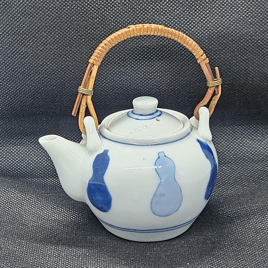 Vintage Mini Teapot, Japanese, Blue & White With Bamboo Handle - Etsy