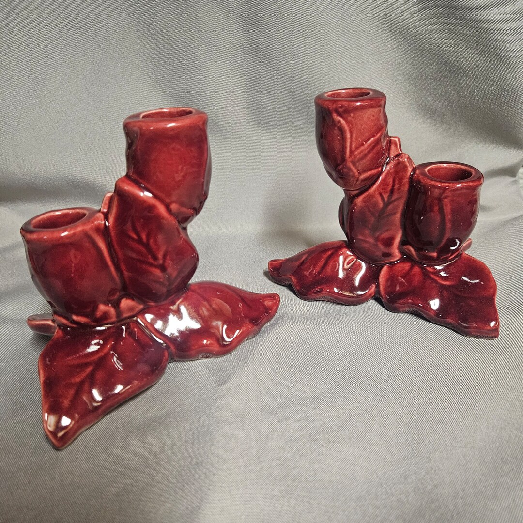 Red Wing Burgandy Red Magnolia Pair of Candleholders - Etsy