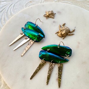 Jewel Beetle Wing Long Iridescent Insect Earrings / 14K SOLID Gold ...