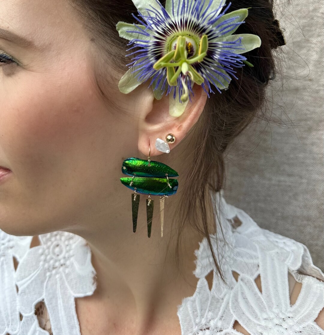 Jewel Beetle Wing Long Iridescent Insect Earrings / 14K SOLID Gold ...