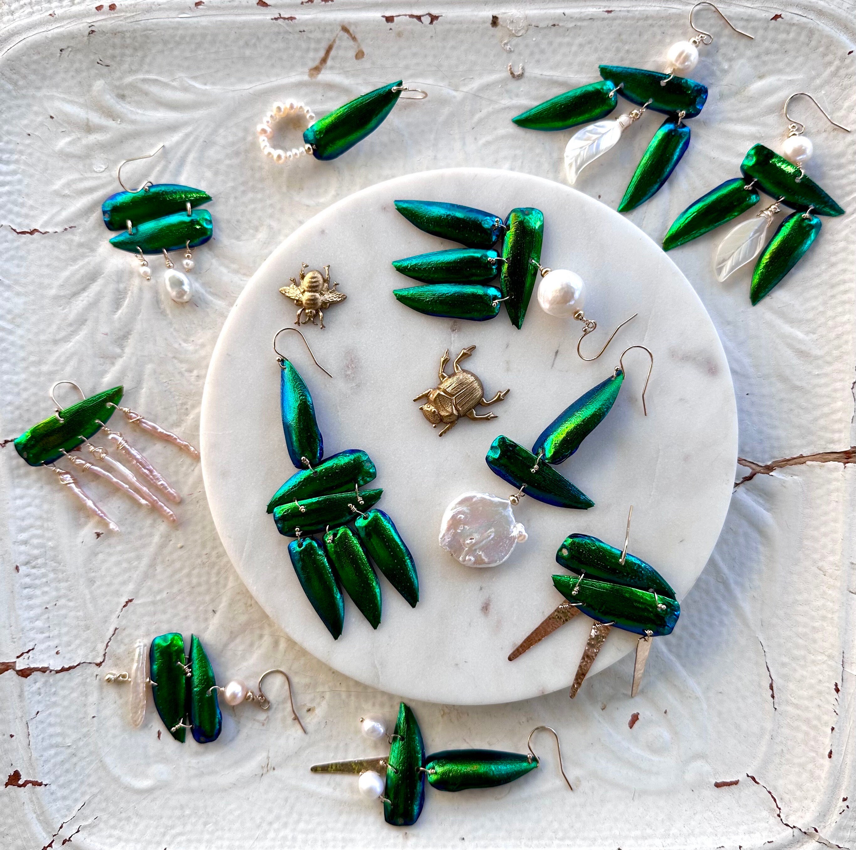 Jewel Beetle Wing Long Iridescent Insect Earrings / 14K SOLID Gold ...