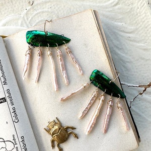 Jewel Beetle Wing Long Iridescent Insect Earrings / 14K SOLID Gold ...