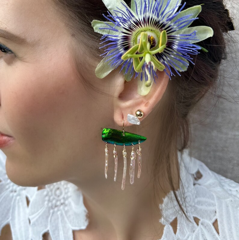 Jewel Beetle Wing Long Iridescent Insect Earrings / 14K SOLID Gold ...