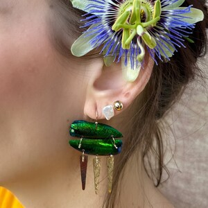 Jewel Beetle Wing Long Iridescent Insect Earrings / 14K SOLID Gold ...