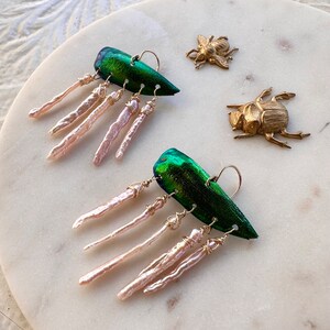 Jewel Beetle Wing Long Iridescent Insect Earrings / 14K SOLID Gold ...