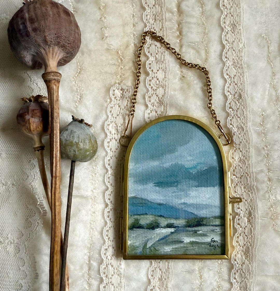 Small Framed Winter Landscape Oil Painting, Brass & Glass - Etsy