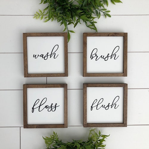 Wash Brush Floss Flush Wooden Signs / Set of 4 / Bathroom - Etsy