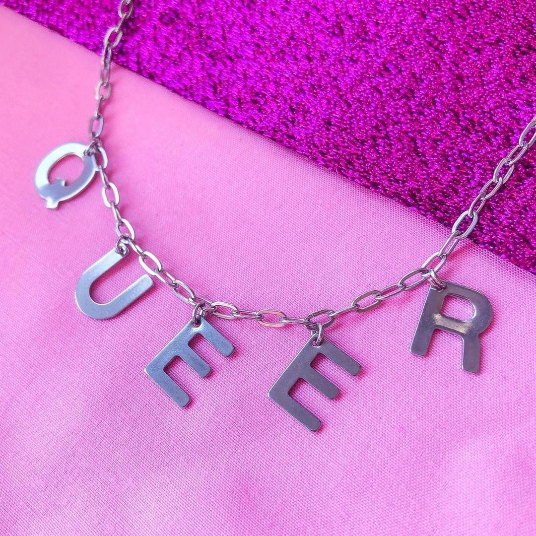 Queer Lettering Silver Colour Necklace, LGBTQ+ Pride Statement Necklace ...