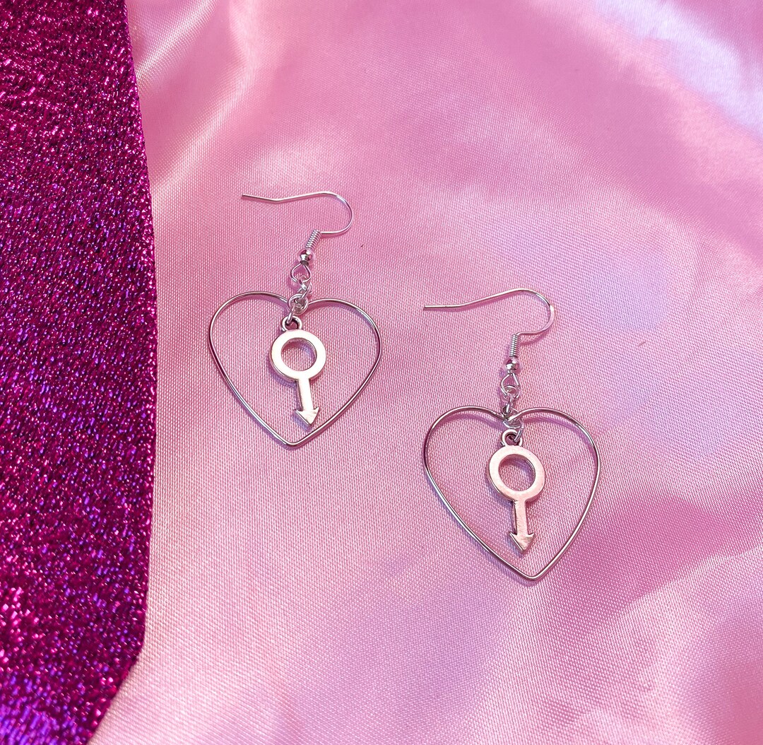 Mars Charm and Love Heart Earrings, Male Symbol Earrings. Silver Colour ...