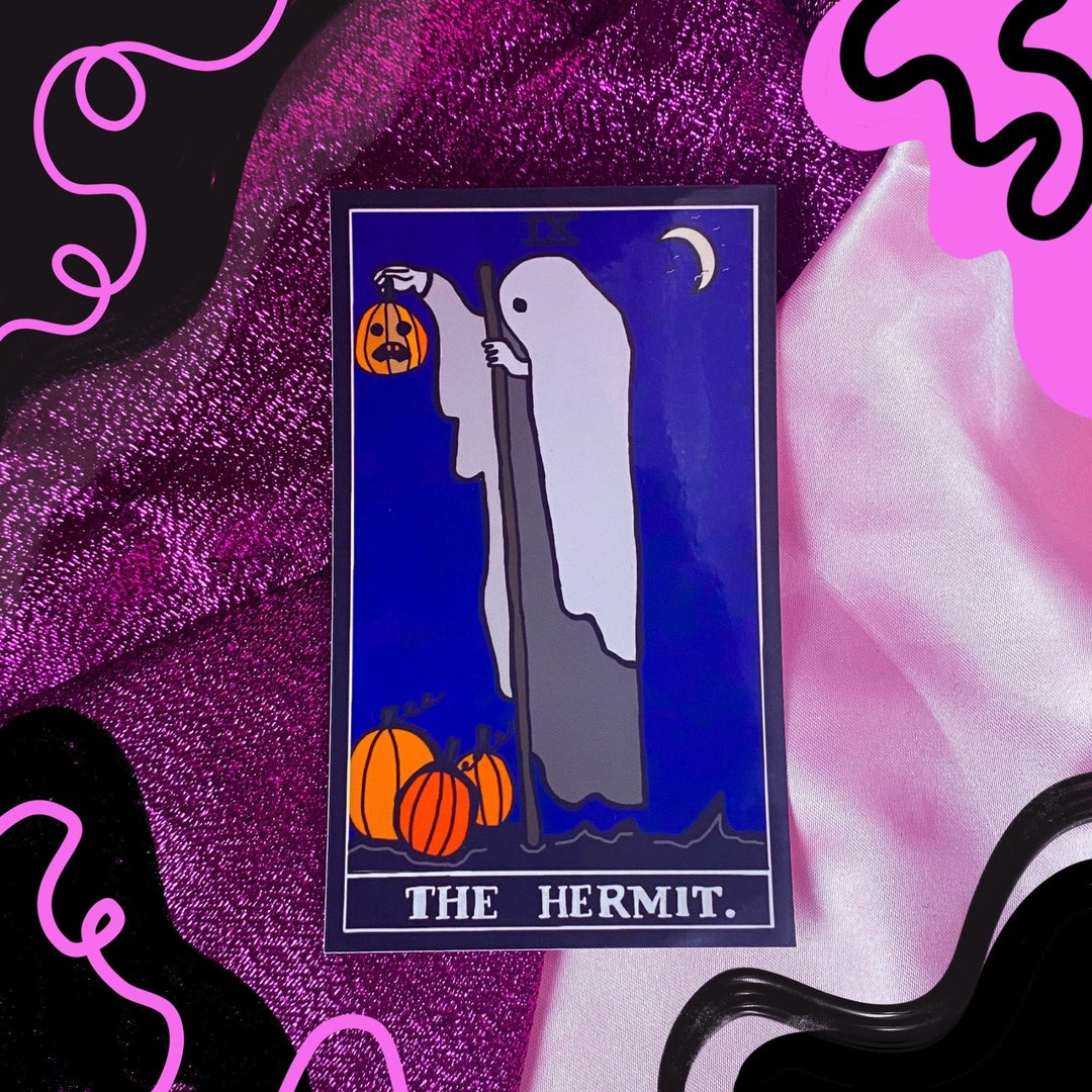 The Hermit Tarot Card Halloween Sticker: Spooky Ghost With Pumpkin ...