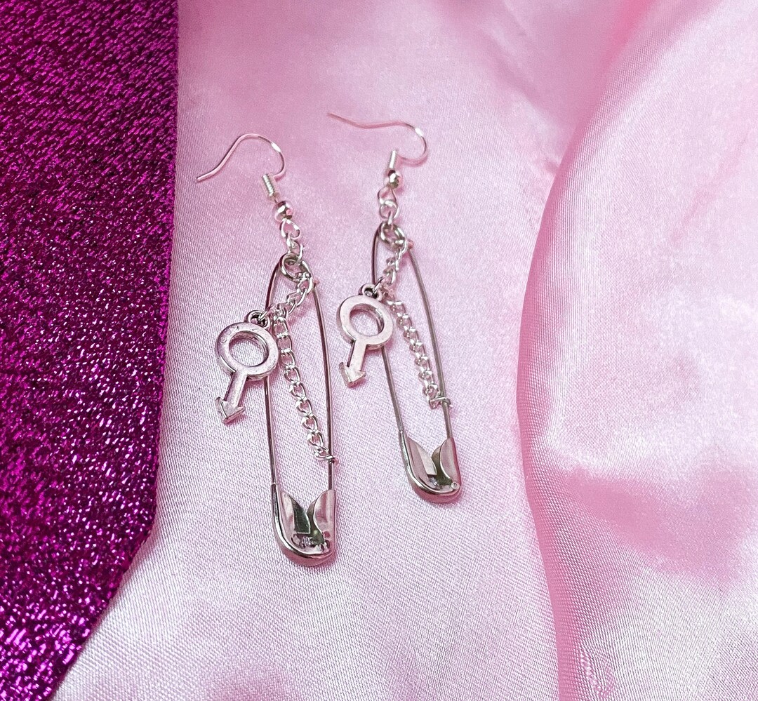 Safety Pin Earrings: Silver Mars Symbol Charm, Pride Jewelry - Etsy