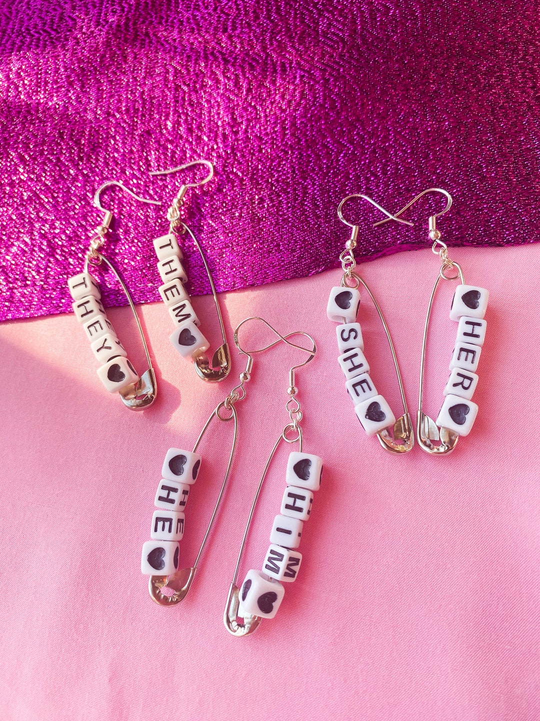 Custom Pronoun Safety Pin Earrings: Letter Bead Earrings - Etsy