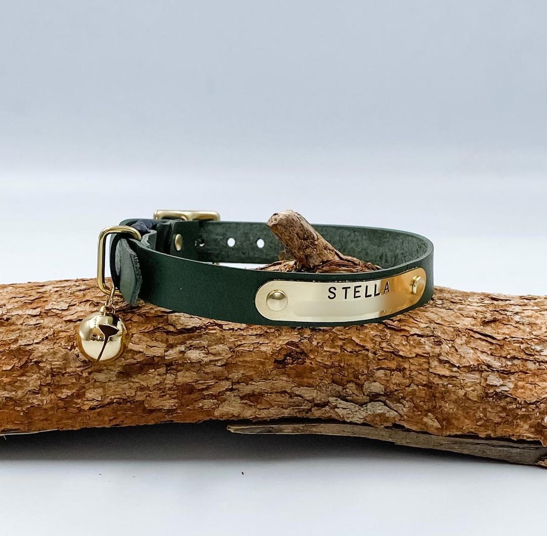 Custom Leather Cat Collar With Brass Nameplate and Bell | Adjustable ...