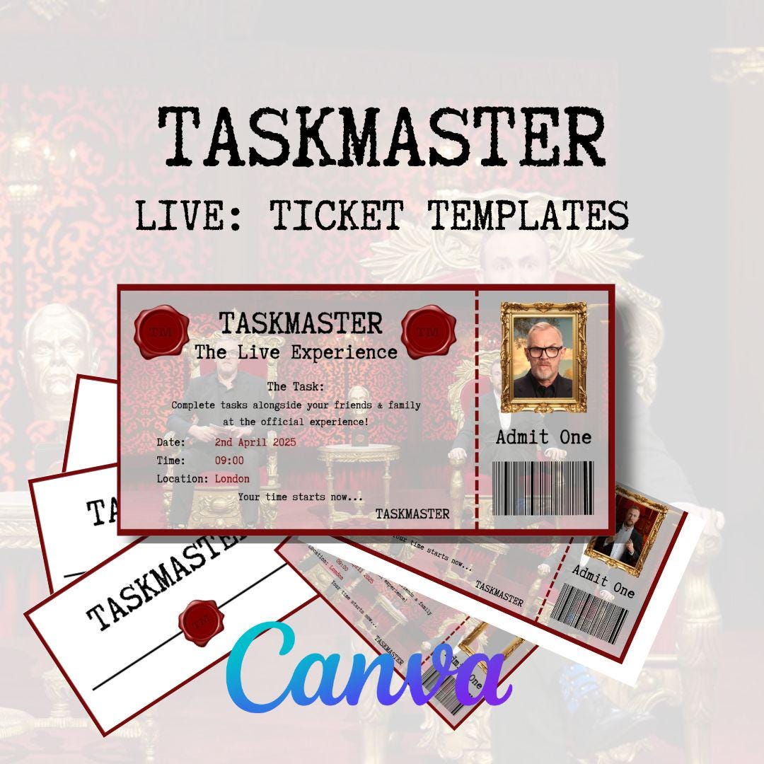 Taskmaster Live Personalised Ticket Announcement Ticket Template Canva ...