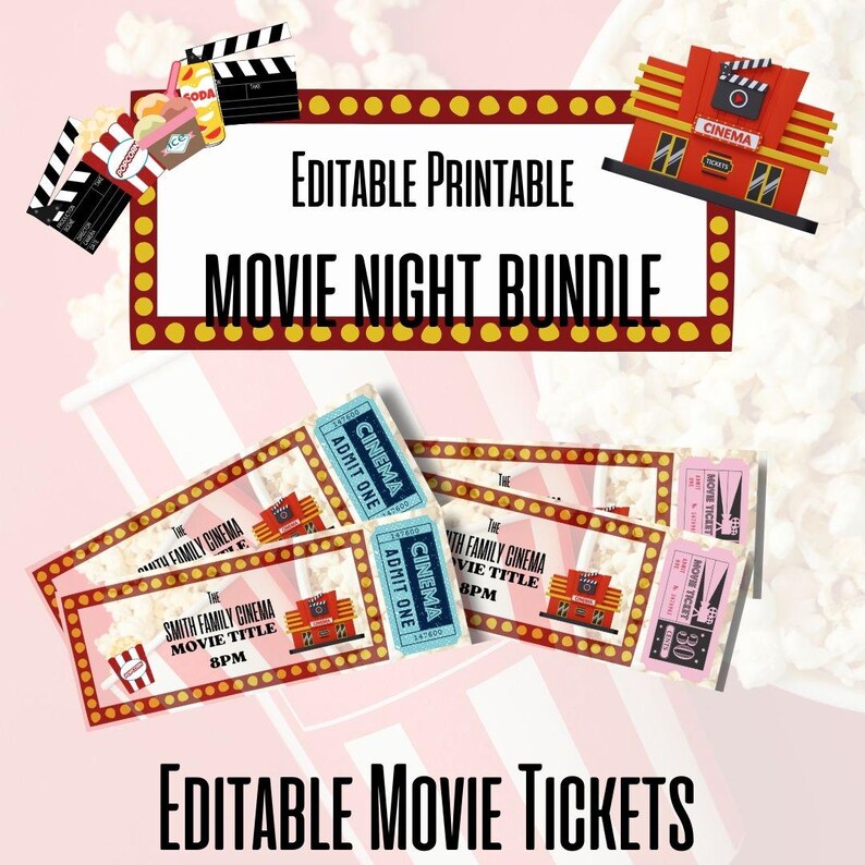 Personalised Movie Night Printables. Film Party Tickets Editable Canva ...