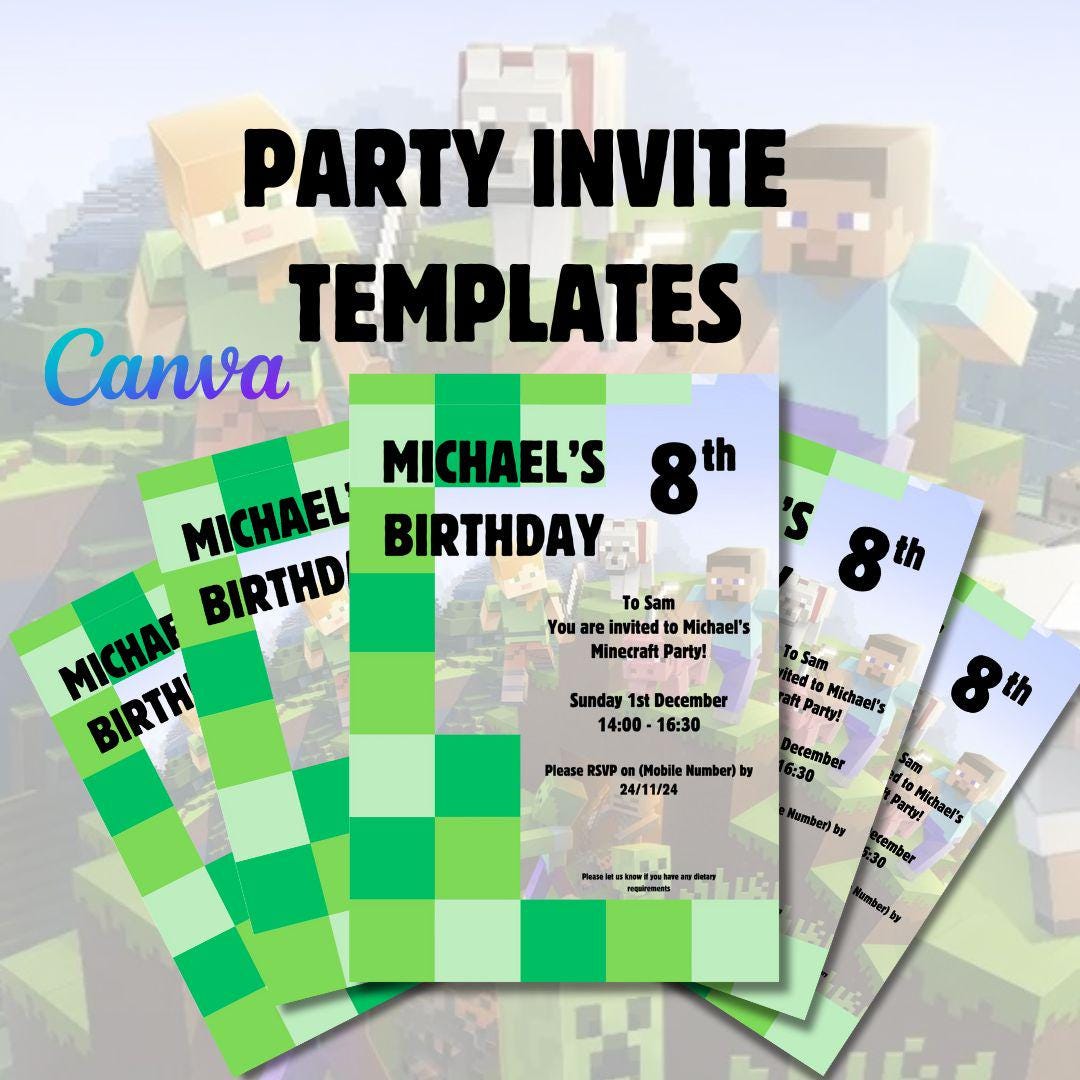 Minecraft Themed Invite Canva Template Invitation Childrens Birthday ...