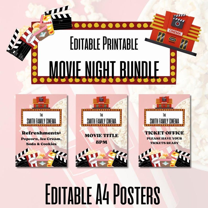 Personalised Movie Night Printables. Film Party Tickets Editable Canva ...