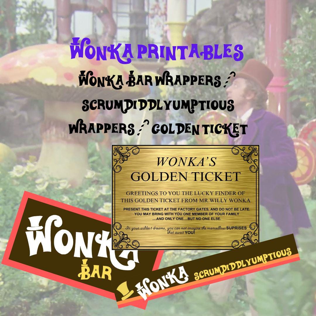 Wonka Printable Golden Ticket Editable Wonka Bar Scrumdiddlyumptious ...