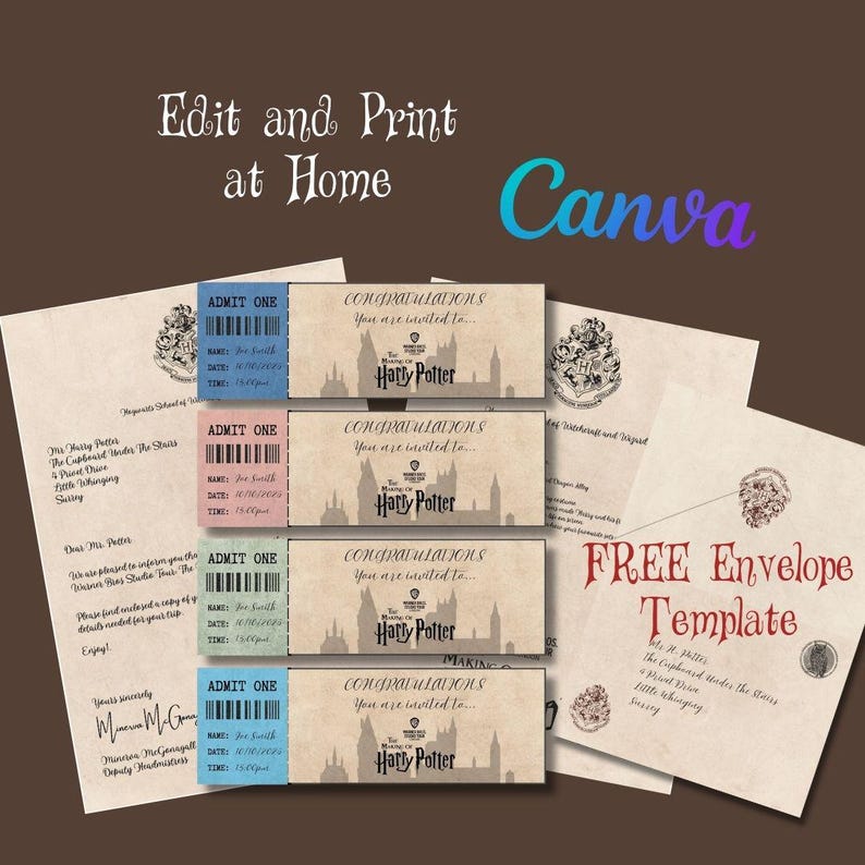 Warner Bros Ticket Potter Witchcraft and Wizardry Canva Template - Etsy