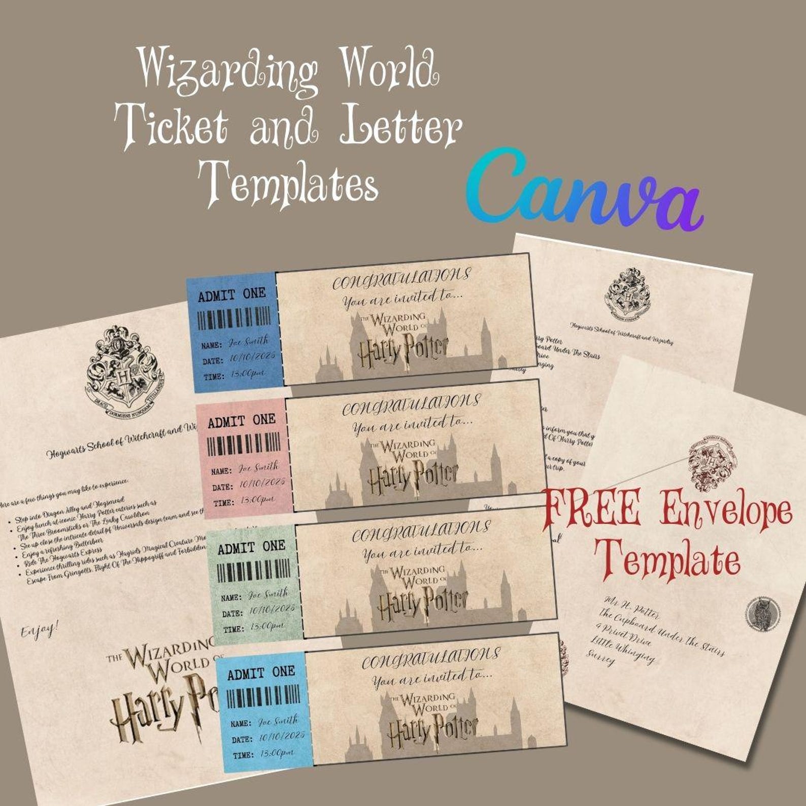 Wizarding World Ticket Potter Witchcraft and Wizardry Canva Template ...