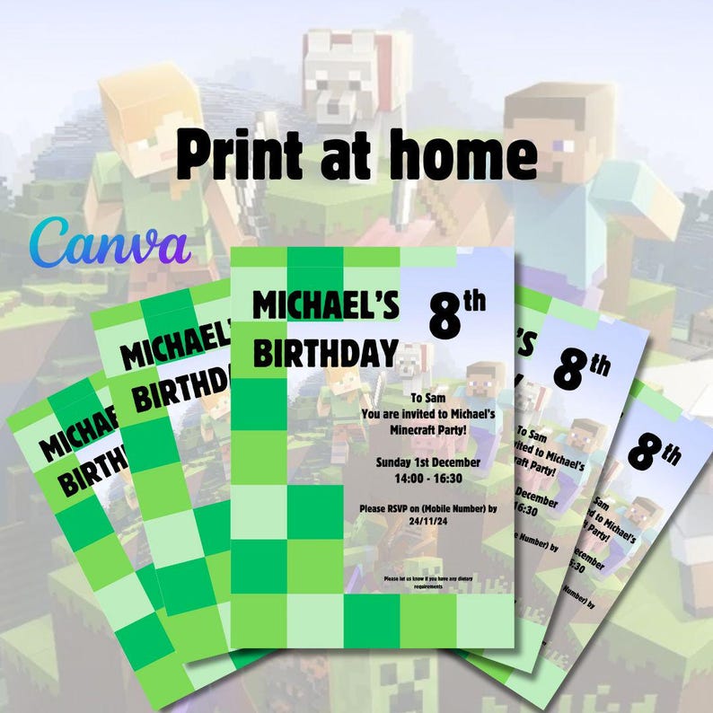 Minecraft Themed Invite Canva Template Invitation Childrens Birthday ...