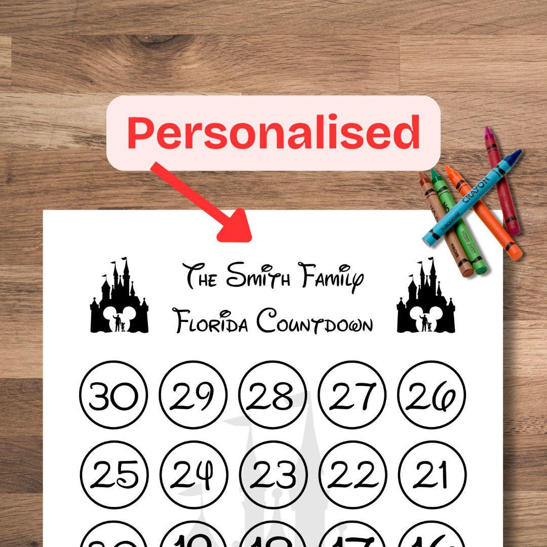 Printable Personalised Disneyworld Countdown Print Custom 30 Day ...
