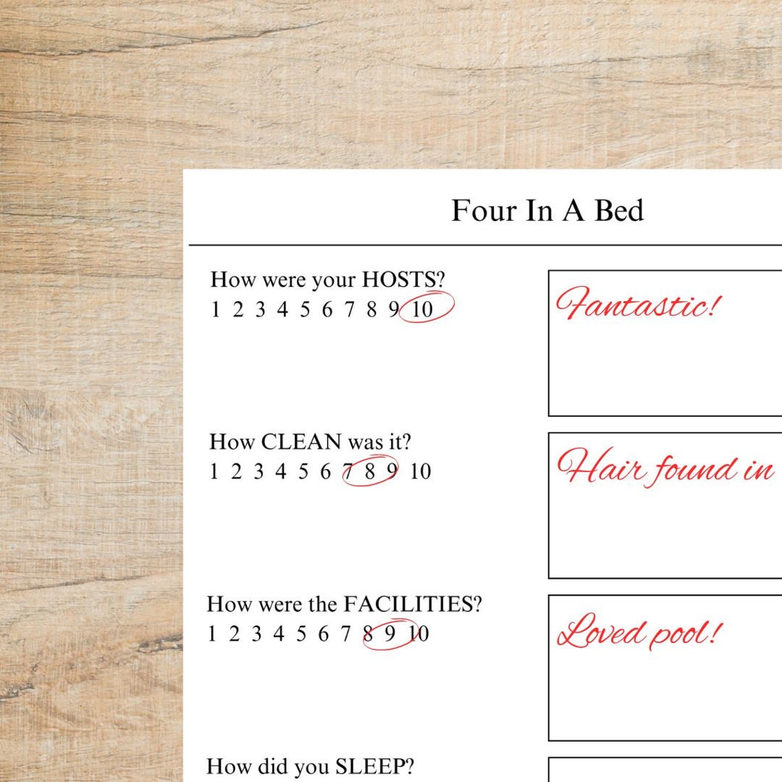 Four in a Bed Feedback Form Template Score Sheet Hotel Rating Funny ...