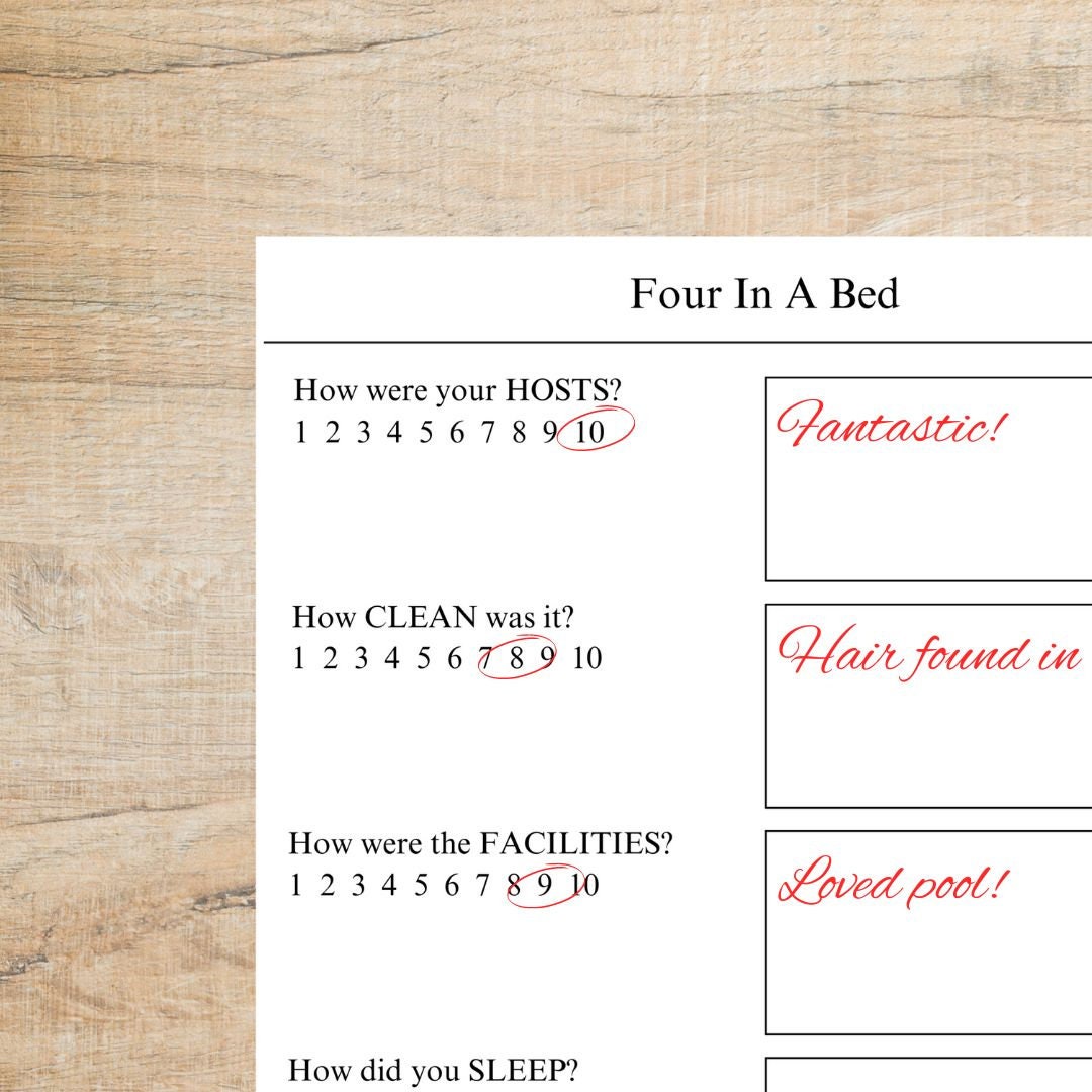 Four in a Bed Feedback Form Template Score Sheet Hotel Rating Funny ...