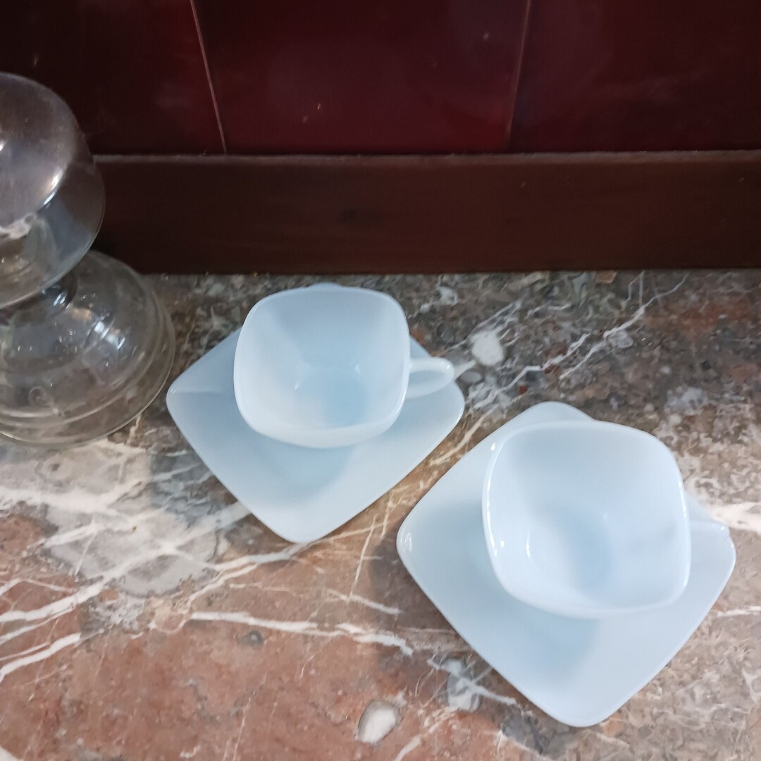 Two Fire-king Azurite Charm Cups With Saucers, Vintage 1950s Anchor ...